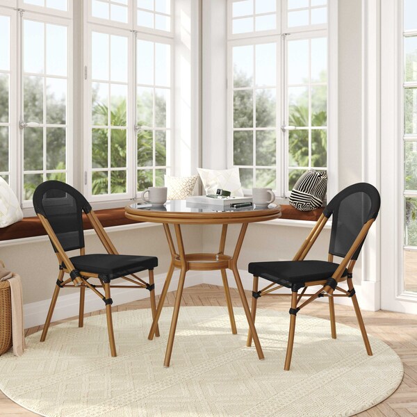 Flash Furniture Marseille French Bistro 31.5in. Table Black Textilene Glass Top w 2 Stack Chairs Natural Frame SDA AD641011 80 2107 BK NAT GG Zoro